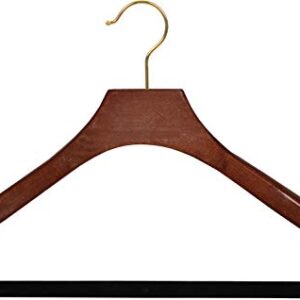 Deluxe Wooden Suit Hanger with Velvet Bar, Walnut Finish & Brass Swivel Hook, Large 2 Inch Wide Contoured Coat & Jacket Hangers (Set of 12) by The Great American Hanger Company