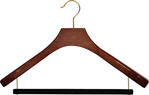 Deluxe Wooden Suit Hanger with Velvet Bar, Walnut Finish & Brass Swivel Hook, Large 2 Inch Wide Contoured Coat & Jacket Hangers (Set of 12) by The Great American Hanger Company