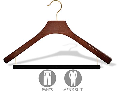 Deluxe Wooden Suit Hanger with Velvet Bar, Walnut Finish & Brass Swivel Hook, Large 2 Inch Wide Contoured Coat & Jacket Hangers (Set of 12) by The Great American Hanger Company