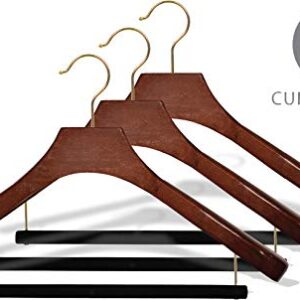 Deluxe Wooden Suit Hanger with Velvet Bar, Walnut Finish & Brass Swivel Hook, Large 2 Inch Wide Contoured Coat & Jacket Hangers (Set of 12) by The Great American Hanger Company