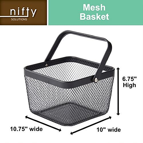 Nifty Solutions Small Mesh Basket with Folding Handles – Modern Metal Black Design, Rectangular Steel Construction, Home Storage Bin, Shelf, Cabinet & Closet Organizer, (7740SB-BLK)