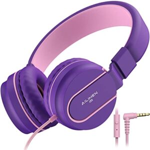 ailihen i35 kids headphones wired with microphone volume limited 93db children girls boys teen lightweight foldable headset for school online course chromebook cellphones tablets (pink purple)