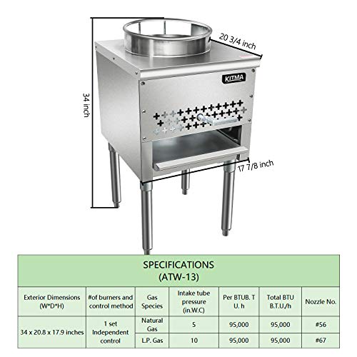 Kitma 13" Gas Wok Range - Commercial Natural Gas Restaurant Equipment, 95,000 BTU