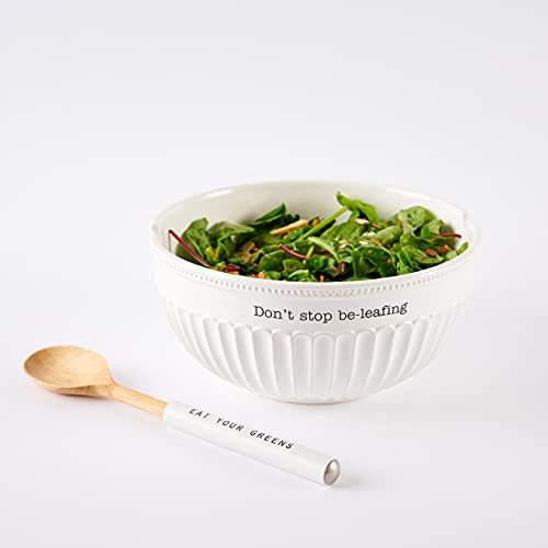 Mud Pie Dolomite, wood Don't Stop Be-Leafing Salad Bowl Set, 32 oz, White, brown