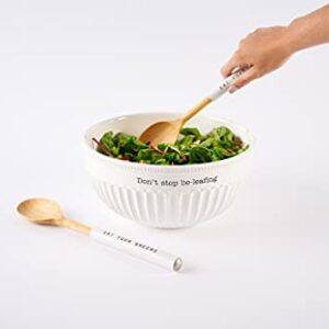 Mud Pie Dolomite, wood Don't Stop Be-Leafing Salad Bowl Set, 32 oz, White, brown