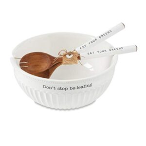 Mud Pie Dolomite, wood Don't Stop Be-Leafing Salad Bowl Set, 32 oz, White, brown