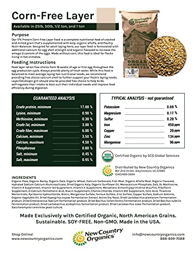 New Country Organics | Corn-Free Classic Layer Feed for Laying Hens | Corn-Free and Soy-Free | 17% Protein | Certified Organic and Non-GMO | 50 lbs