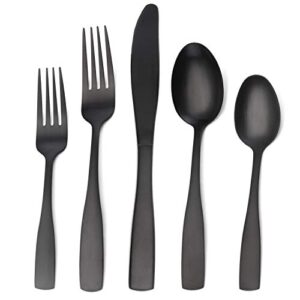 matte black silverware set, satin finish 20-piece stainless steel flatware set, tableware cutlery set service for 4, utensils for kitchens, dishwasher safe