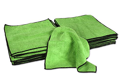 Eurow Microfiber Cleaning Towels, 350GSM, Green with Black Trim, 12 by 12 Inches, Pack of 50