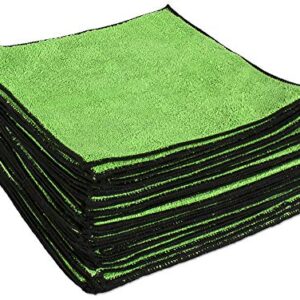 Eurow Microfiber Cleaning Towels, 350GSM, Green with Black Trim, 12 by 12 Inches, Pack of 50