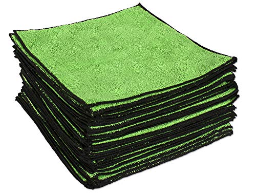 Eurow Microfiber Cleaning Towels, 350GSM, Green with Black Trim, 12 by 12 Inches, Pack of 50