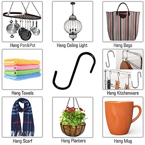 12 Pack Heavy-Duty Black Finish Steel S Shaped Hooks,S Type Hooks,S Hooks Hangers for Kitchen Pot Pan Plants Bags Towels