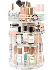 rotating makeup organizer by tranquil abode | 360 spinning storage display case | clear acrylic vanity & bathroom organizer for skincare, perfume, cosmetic, beauty, make up and essential oil products