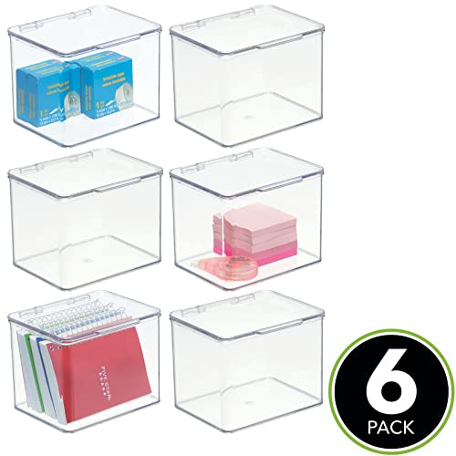 mDesign Small Plastic Home Office Storage Organizer Box Containers w/Hinged Lid for Desktops - Holds Pens, Pencils, Sticky Notes, Highlighters, Staples, Supplies - Lumiere Collection - 6 Pack - Clear