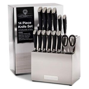 kitchen knife set with block, 14 pc, stainless steel - complete culinary sets - gourmet chef, pairing, cooking, steak knives with scissors and built-in sharpener - all-purpose, full tang