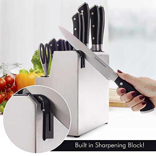 Kitchen Knife Set with Block, 14 pc, Stainless Steel - Complete Culinary Sets - Gourmet Chef, Pairing, Cooking, Steak Knives with Scissors and Built-In Sharpener - All-Purpose, Full Tang