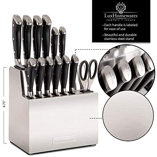 Kitchen Knife Set with Block, 14 pc, Stainless Steel - Complete Culinary Sets - Gourmet Chef, Pairing, Cooking, Steak Knives with Scissors and Built-In Sharpener - All-Purpose, Full Tang