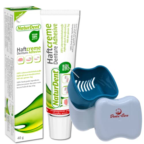 Natural Strong Denture Adhesive NaturDent | Holds Dentures Longer and Stronger | NO Zinc NO Paraben No Yucky Taste | Bundle with Dentu-Care Denture Storage Box Case