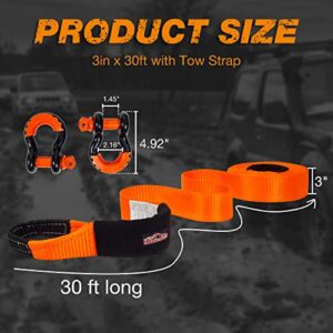 Autofonder Tow Strap (3”x30’) with Heavy Duty 3/4 D Ring Shackles (2pcs)-30,000lb Break Strength-12T Offroad Vehicle Towing Rope with Storage Bag-Triple Reinforced Loop Emergency Recovery Straps