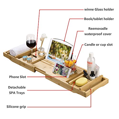 Yescom Extendable Bamboo Bathtub Caddy Tray Organizer Over Tub Rack Phone Tablet Holder 2 Side Trays with Free Soap Dish for Bathroom Spa Reading