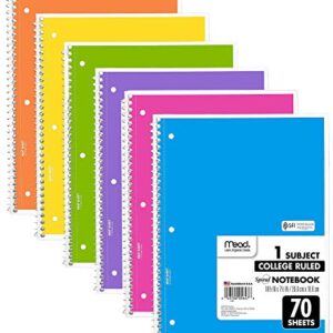 Mead Spiral Notebooks, 6 Pack, 1-Subject, College Ruled Paper, 10-1/2" x 8”, 70 Sheets per Notebook, Assorted Colors (73065)…