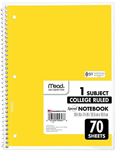 Mead Spiral Notebooks, 6 Pack, 1-Subject, College Ruled Paper, 10-1/2" x 8”, 70 Sheets per Notebook, Assorted Colors (73065)…