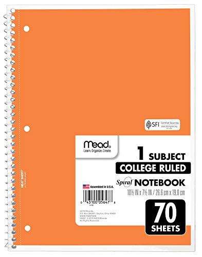 Mead Spiral Notebooks, 6 Pack, 1-Subject, College Ruled Paper, 10-1/2" x 8”, 70 Sheets per Notebook, Assorted Colors (73065)…