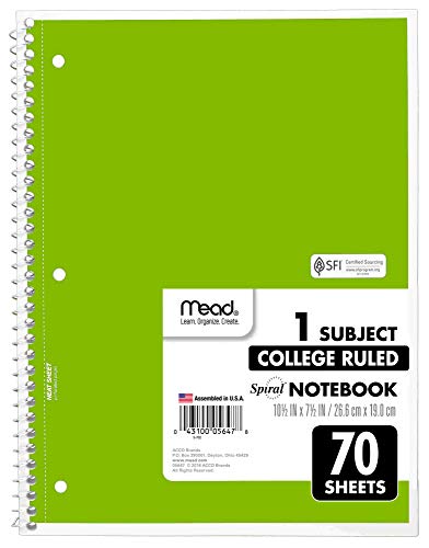 Mead Spiral Notebooks, 6 Pack, 1-Subject, College Ruled Paper, 10-1/2" x 8”, 70 Sheets per Notebook, Assorted Colors (73065)…