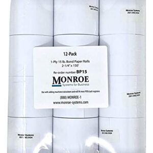 Monroe Systems for Business 15 Pound Bond Paper Rolls, Single Ply, 2 1/4" x150' for Cash Registers, Printing Calculators, Adding Machines and more! (12-Pack)