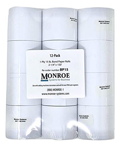 Monroe Systems for Business 15 Pound Bond Paper Rolls, Single Ply, 2 1/4" x150' for Cash Registers, Printing Calculators, Adding Machines and more! (12-Pack)