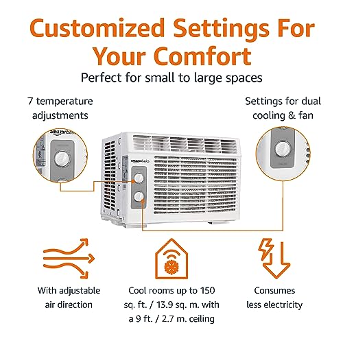 Amazon Basics Window Mounted Air Conditioner with Mechanical Control Cools 150 Square Feet, 5000 BTU, AC Unit, White