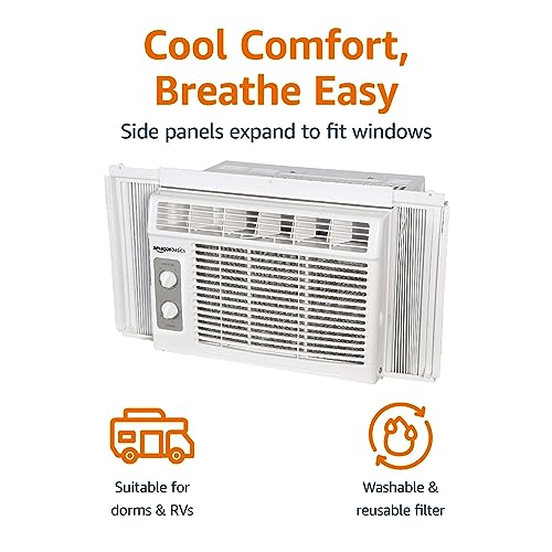 Amazon Basics Window Mounted Air Conditioner with Mechanical Control Cools 150 Square Feet, 5000 BTU, AC Unit, White