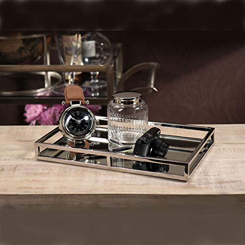 Le'raze Mirrored Vanity Tray, Decorative Tray with Chrome Rails for Display, Perfume, Vanity, Dresser and Bathroom, Elegant Mirror Tray Makes A Great Bling Gift –16X10 Inch