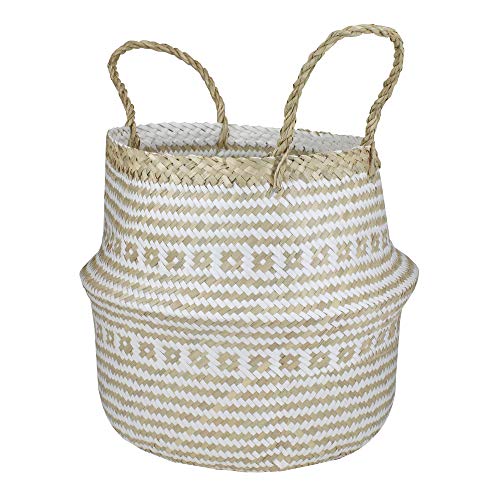 Northlight 17" Beige and White Large Seagrass Belly Basket with Handles