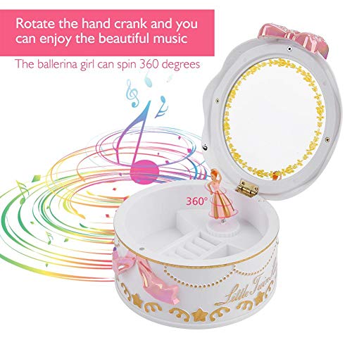 Music Boxes For Girls, Round Music Box for Girls With Mirror, Miniature 360 Degree Rotary Girl And Jewelry Storage Functional Baby Toys(White)