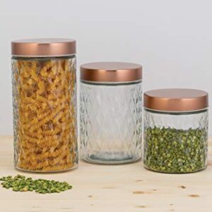 Amici Home Desmond Glass Canister | Set of 3 | Dry Food Storage Container with Airtight Copper Lid | Clear Glass Jar for Kitchen & Pantry Organization | 32, 48, & 60 Oz