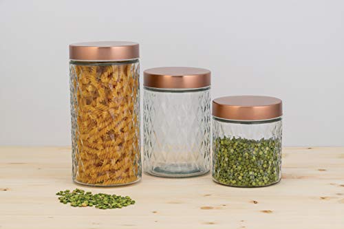 Amici Home Desmond Glass Canister | Set of 3 | Dry Food Storage Container with Airtight Copper Lid | Clear Glass Jar for Kitchen & Pantry Organization | 32, 48, & 60 Oz