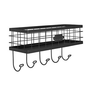 spectrum diversified vintage wall mount entryway or office basket organizer & hook station, 5-hook, black