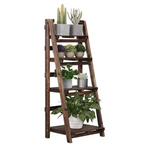 Yaheetech Wooden Foldable Ladder Shelf 4-Tier Magazine Holder Book Rack Plant Stand Folding Flower Display Pot Decorative Storage Free Standing Indoors/Outdoors Rustic No Assembly Required Brown