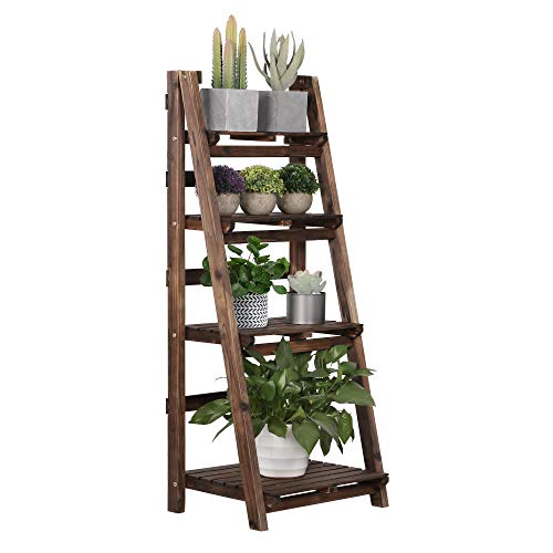 Yaheetech Wooden Foldable Ladder Shelf 4-Tier Magazine Holder Book Rack Plant Stand Folding Flower Display Pot Decorative Storage Free Standing Indoors/Outdoors Rustic No Assembly Required Brown