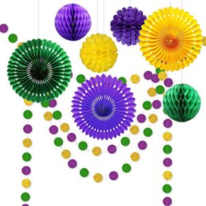 decor365 gold purple green mardi gras party decorations glitter circle garlands banner paper fan tissue pompoms fat tuesday/mardi gras decor/baby shower/birthday/wedding/cavinal party decor