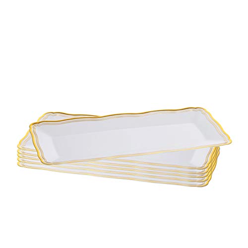 Plastic Serving Tray | White Rectangular Serving Trays with Gold Rim Border, Disposable Heavyweight Serving Party Platters, 13.75" x 6" 6 Pack. - Posh Setting