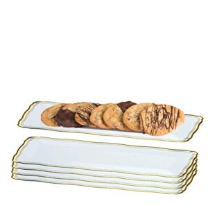 Plastic Serving Tray | White Rectangular Serving Trays with Gold Rim Border, Disposable Heavyweight Serving Party Platters, 13.75" x 6" 6 Pack. - Posh Setting