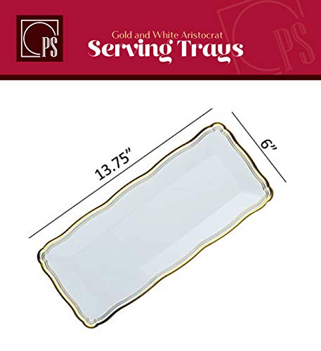 Plastic Serving Tray | White Rectangular Serving Trays with Gold Rim Border, Disposable Heavyweight Serving Party Platters, 13.75" x 6" 6 Pack. - Posh Setting