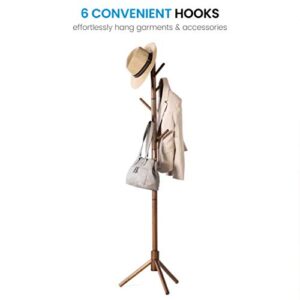 ZOBER Coat Rack Free Standing - Wooden Coat Tree W/ 6 Hooks - Coats, Purses, Hats - Adjustable Sizes, Easy Assembly - Vintage