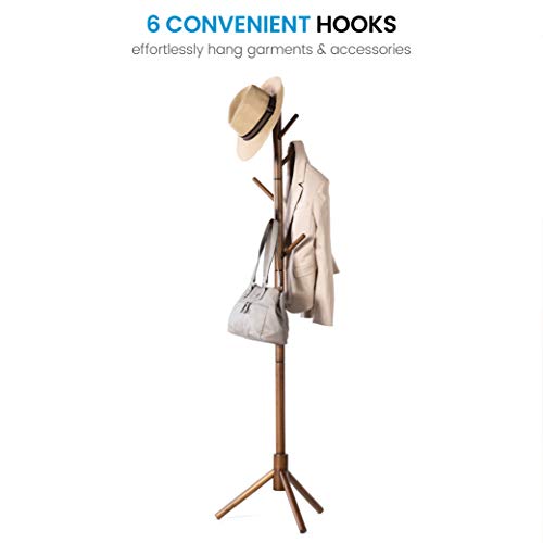 ZOBER Coat Rack Free Standing - Wooden Coat Tree W/ 6 Hooks - Coats, Purses, Hats - Adjustable Sizes, Easy Assembly - Vintage