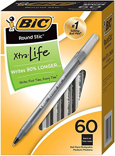 BIC Round Stic Xtra Valve Smooth Writing Ball Pen, Medium Point (1.0 mm), Black - 60 Count x 2 Pack - Total 120 Pens