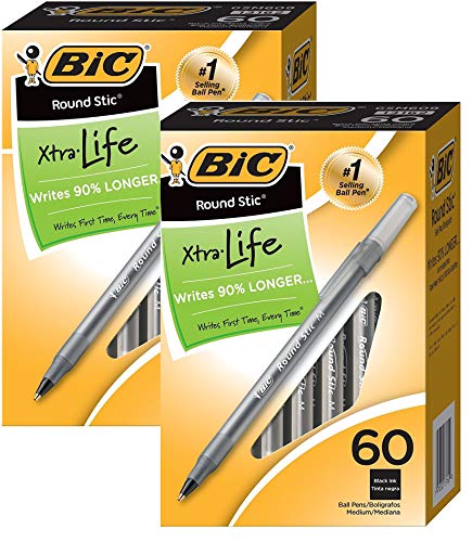 BIC Round Stic Xtra Valve Smooth Writing Ball Pen, Medium Point (1.0 mm), Black - 60 Count x 2 Pack - Total 120 Pens