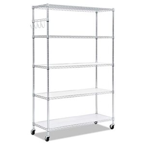 alera 5-shelf wire shelving kit with casters and shelf liners, 48w x 18d x 72h, silver