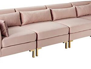 Iconic Home Girardi Modular Chaise Sectional Sofa Velvet Upholstered Solid Gold Tone Metal Y-Leg with 6 Throw Pillows Modern Contemporary, Blush